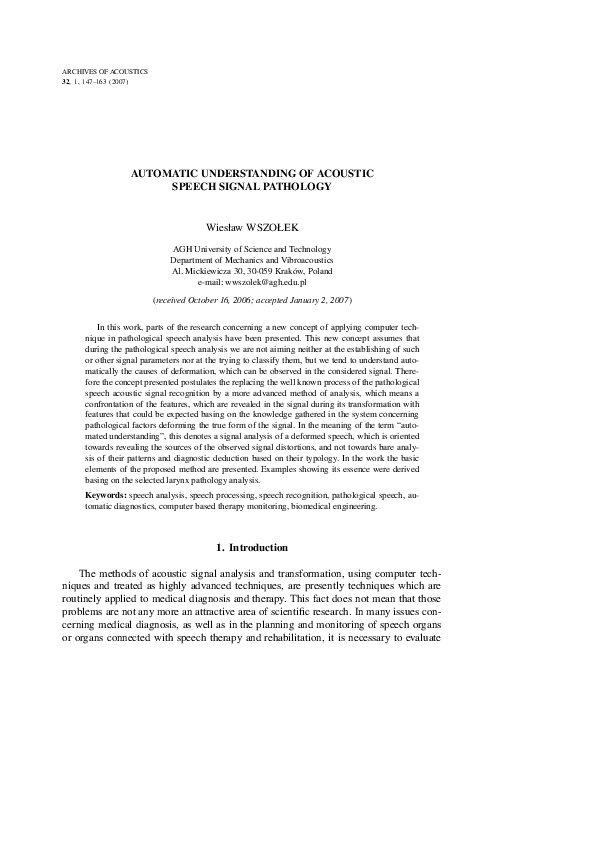 (PDF) Automatic Understanding of Speech Pathology