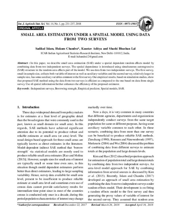 Pdf Small Area Estimation From A Spatial Model Using Data From Two Surveys