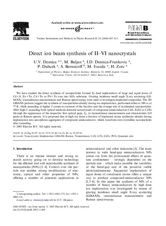 Pdf Direct Ion Beam Synthesis Of Ii Vi Nanocrystals