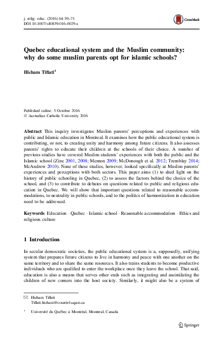 Quebec educational system and the Muslim community: why do some muslim ...