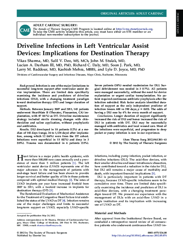 (PDF) Driveline Infections in Left Ventricular Assist Devices: Implications for Destination ...