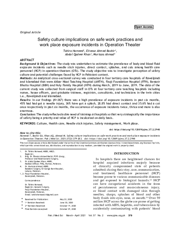 (PDF) Safety culture implications on safe work practices and work place exposure incidents in ...