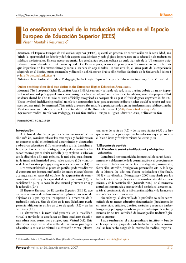 (PDF) LaenseñanzavirtualdelatraducciónmédicaenelEspacio EuropeodeEducaciónSuperior (EEES)