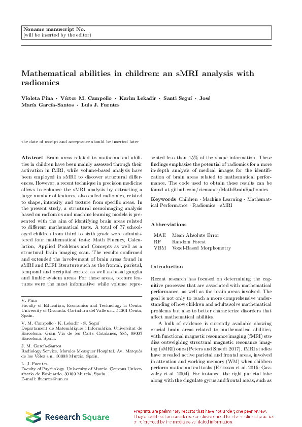 (PDF) Mathematical Abilities in Children: An sMRI Analysis With Radiomics