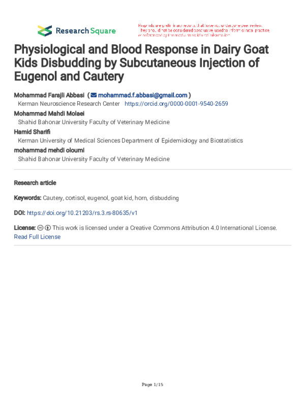 Physiological and Blood Response in Dairy Goat Kids Disbudding by ...