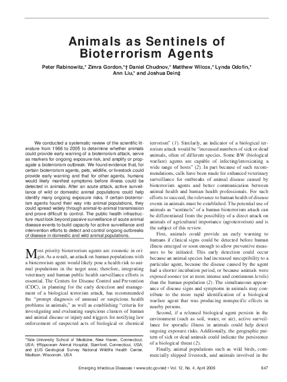 (PDF) Animals as Sentinels of Bioterrorism Agents
