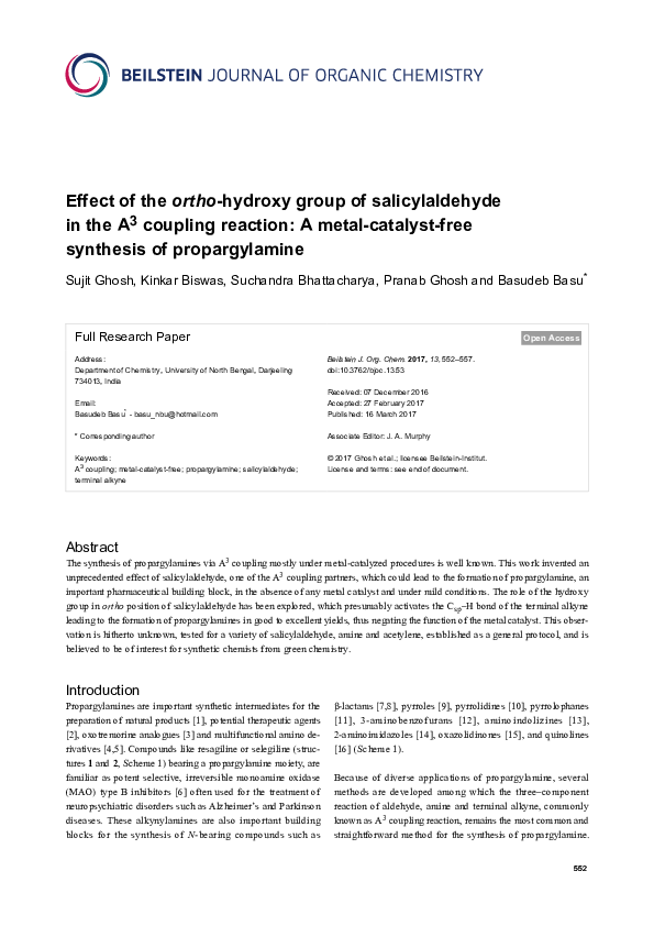Effect of the ortho-hydroxy group of salicylaldehyde in the A3 coupling ...