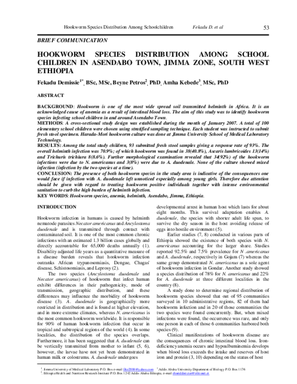 (PDF) Hookworm Species Distribution Among School Children in Asendabo ...