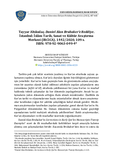 (PDF) Tayyar Altıkulaç. Daniel Alan Brubaker’e Reddiye. İstanbul: İslâm ...