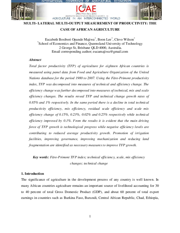 (PDF) Multi-lateral multi-output measurement of productivity: the case of African agriculture
