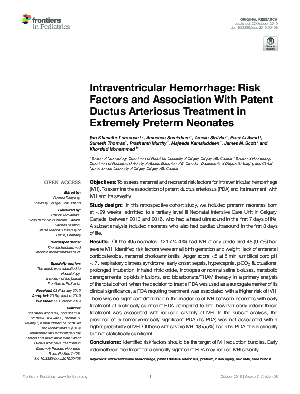 Pdf Intraventricular Hemorrhage Risk Factors And Association With