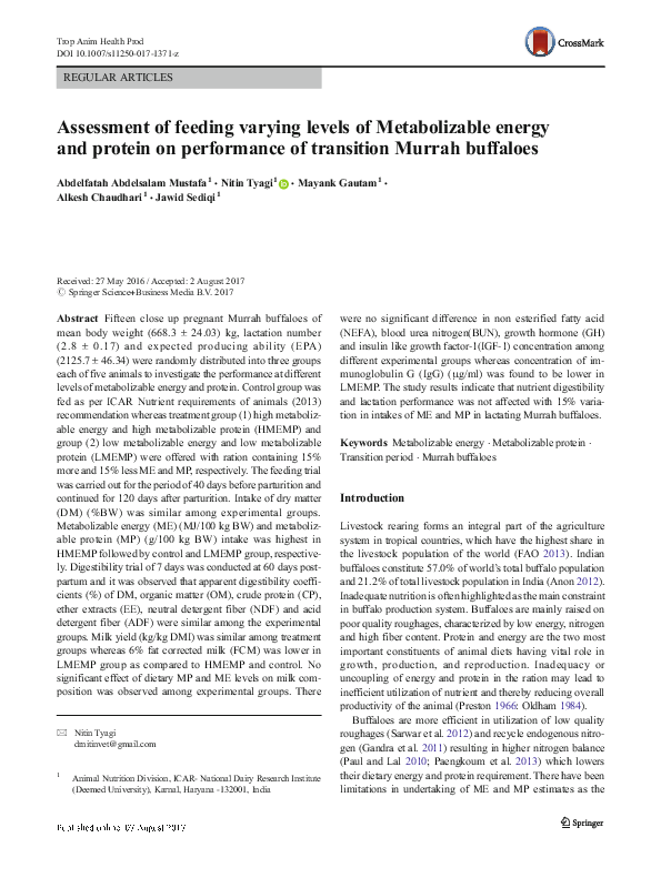 (PDF) Assessment of feeding varying levels of Metabolizable energy and protein on performance of ...