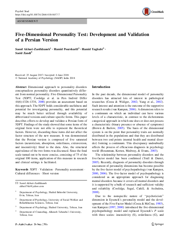 (PDF) Five-Dimensional Personality Test: Development and Validation of ...