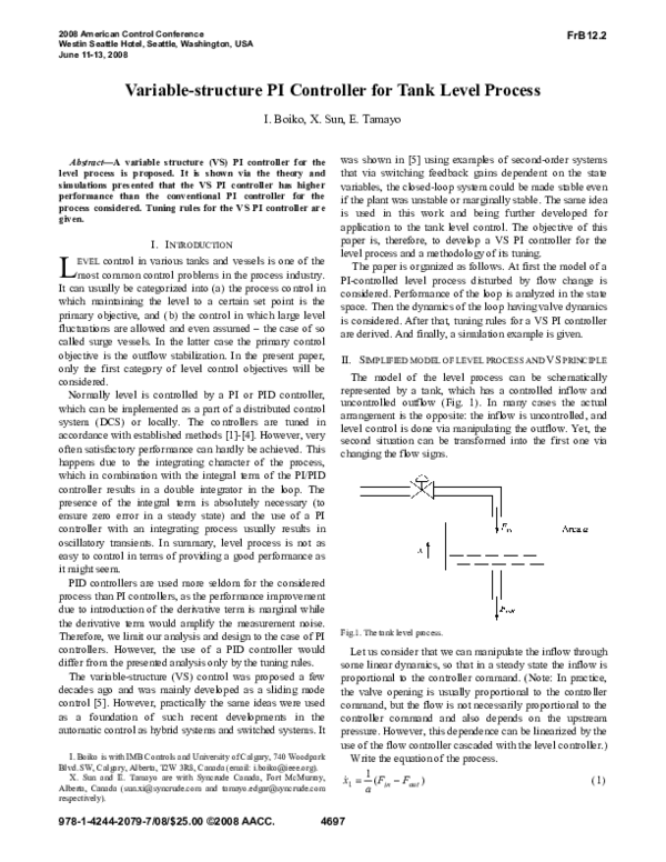 Pdf Variable Structure Pi Controller For Tank Level Process