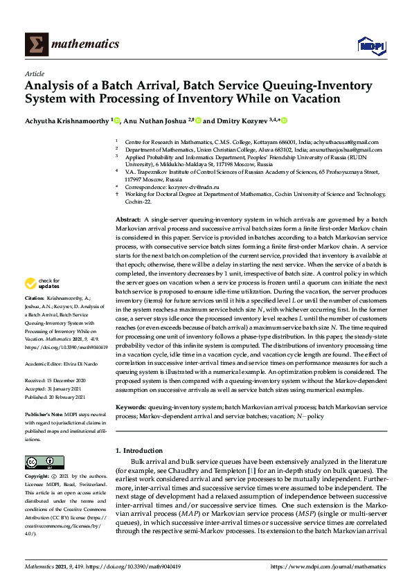 (PDF) Analysis of a Batch Arrival, Batch Service Queuing-Inventory System with Processing of ...