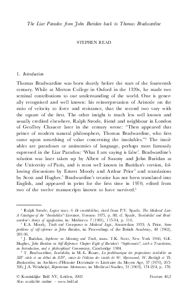 (PDF) The Liar Paradox from John Buridan back to Thomas Bradwardine
