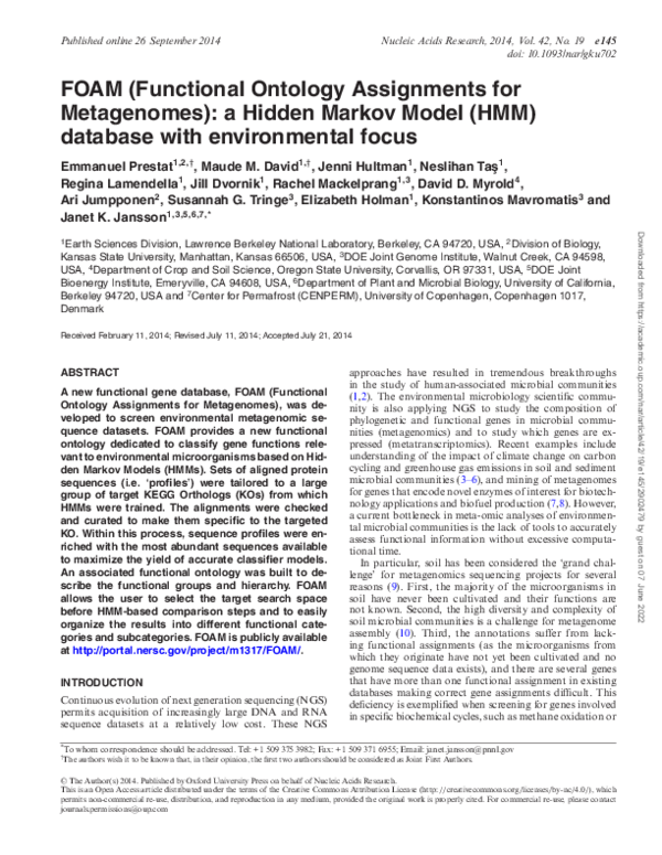 (PDF) FOAM (Functional Ontology Assignments for Metagenomes): a Hidden ...