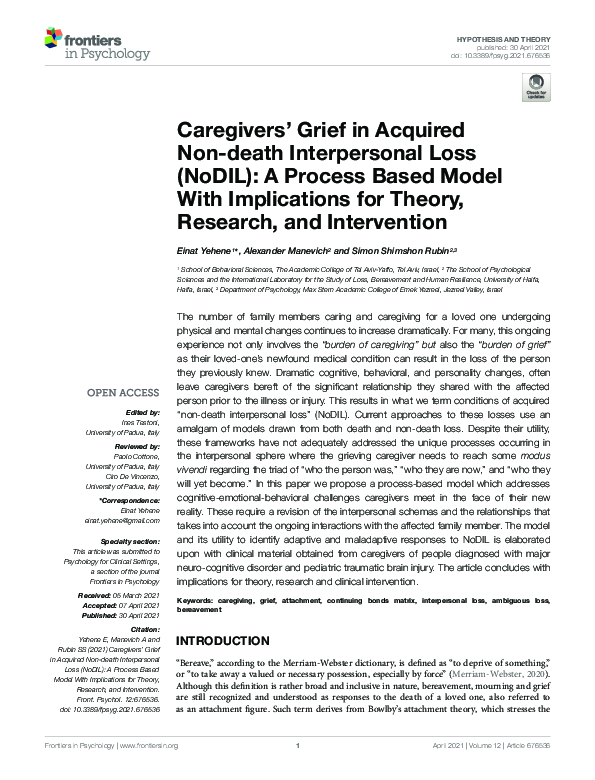 (PDF) Caregivers’ Grief in Acquired Non-death Interpersonal Loss (NoDIL ...