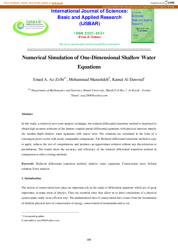 (PDF) Numerical Simulation of One-Dimensional Shallow Water Equations