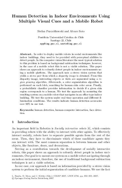 Pdf Human Detection In Indoor Environments Using Multiple Visual Cues And A Mobile Robot