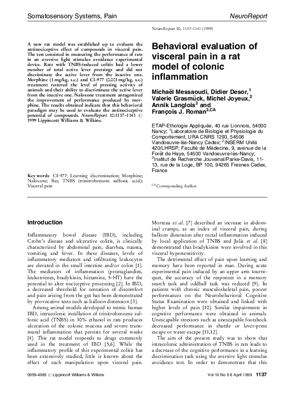 (PDF) Behavioral evaluation of visceral pain in a rat model of colonic ...