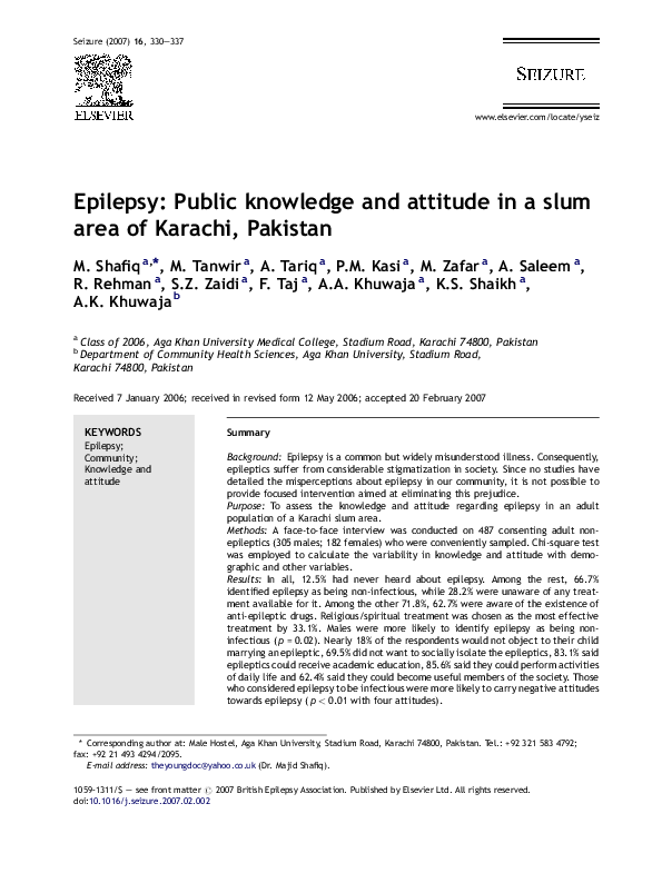 (PDF) Epilepsy: Public knowledge and attitude in a slum area of Karachi ...