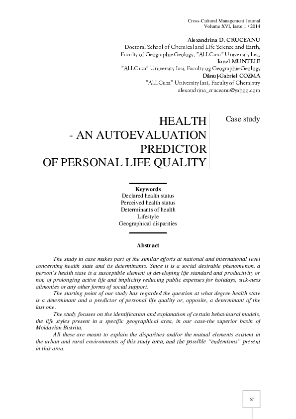 (PDF) HEALTH-AN AUTOEVALUATION PREDICTOR OF PERSONAL LIFE QUALITY Case ...