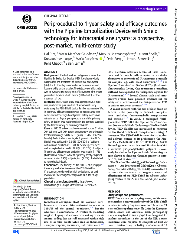Pdf Periprocedural To 1 Year Safety And Efficacy Outcomes With The