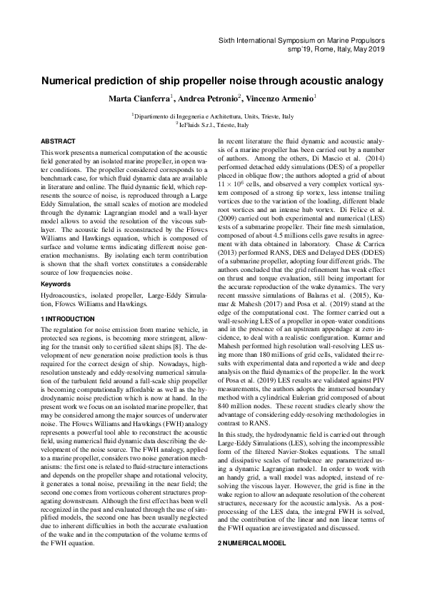 (PDF) Numerical prediction of ship propeller noise through acoustic analogy