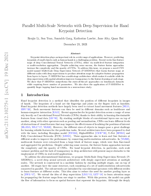 (PDF) Parallel Multi-Scale Networks with Deep Supervision for Hand Keypoint Detection