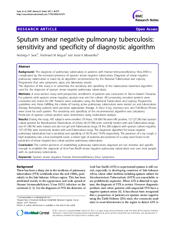 (PDF) Sputum smear negative pulmonary tuberculosis: sensitivity and ...