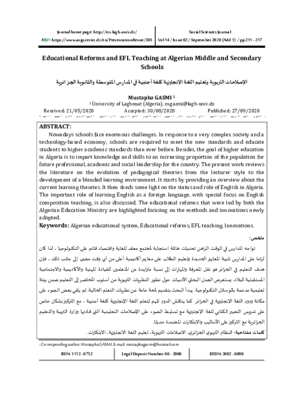 (PDF) Educational Reforms and EFL Teaching at Algerian Middle and Secondary Schools