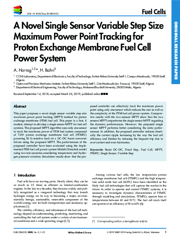(PDF) A Novel Single Sensor Variable Step Size Maximum Power Point Tracking for Proton Exchange ...