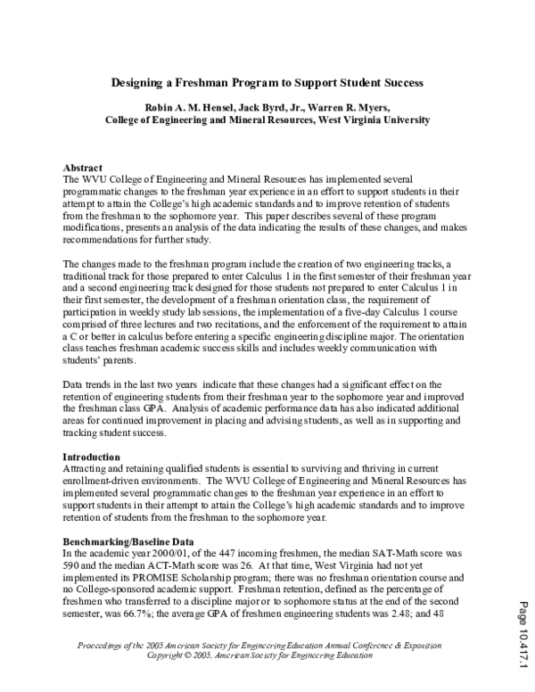 (PDF) Designing A Freshman Program To Support Student Success