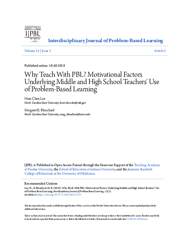 (PDF) Why Teach With PBL? Motivational Factors Underlying Middle and High School Teachers’ Use ...