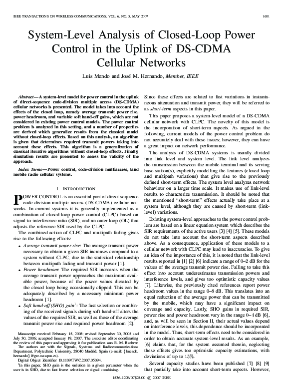 Pdf System Level Analysis Of Closed Loop Power Control In The Uplink Of Ds Cdma Cellular