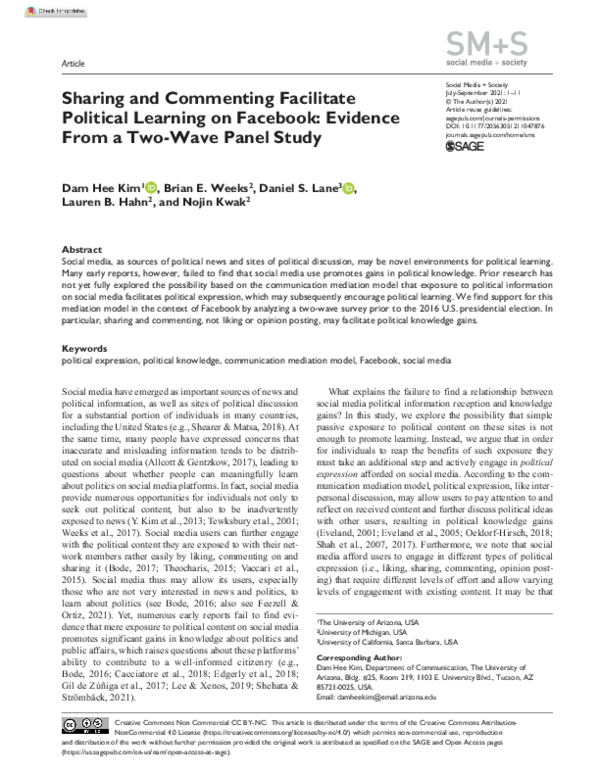 (PDF) Sharing and Commenting Facilitate Political Learning on Facebook ...