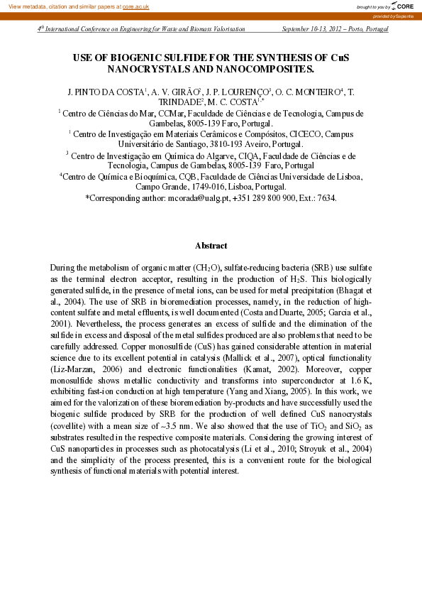 (PDF) Use of biogenic sulfide for the synthesis of CuS nanocrystals and ...