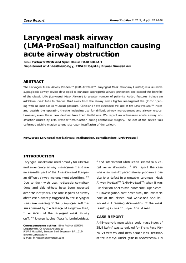 (PDF) Laryngeal mask airway (LMA-ProSeal) malfunction causing acute ...
