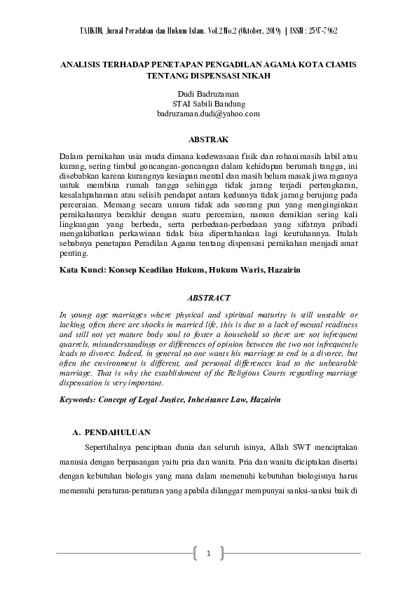 (PDF) Analisis Terhadap Penetapan Pengadilan Agama Kota Ciamis Tentang Dispensasi Nikah