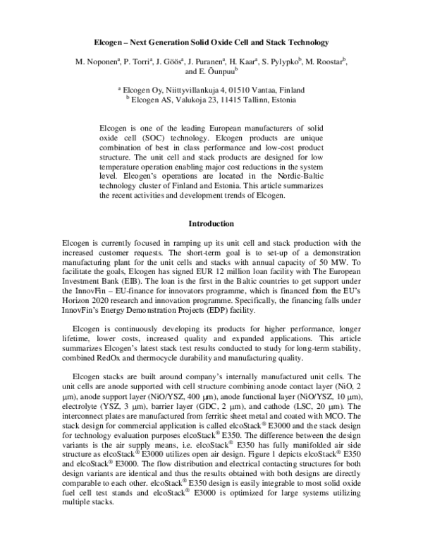 (PDF) Elcogen – Next Generation Solid Oxide Cell and Stack Technology