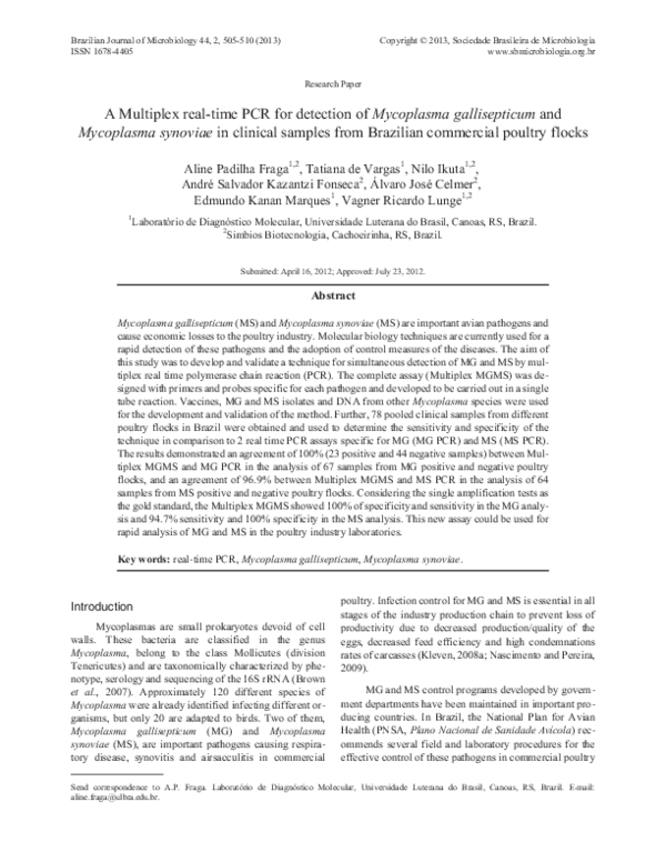 (PDF) A Multiplex real-time PCR for detection of Mycoplasma ...