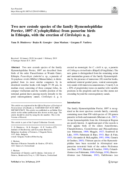 (PDF) Two new cestode species of the family Hymenolepididae Perrier ...
