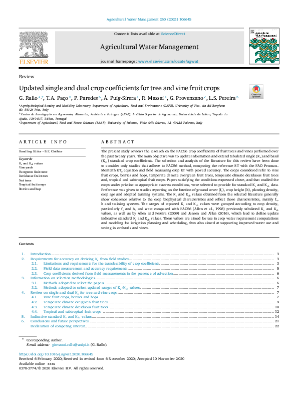 Pdf Updated Single And Dual Crop Coefficients For Tree And Vine Fruit Crops