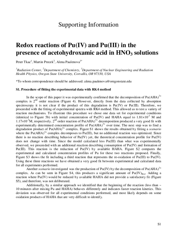 (PDF) Redox Reactions of Pu(IV) and Pu(III) in the Presence of ...