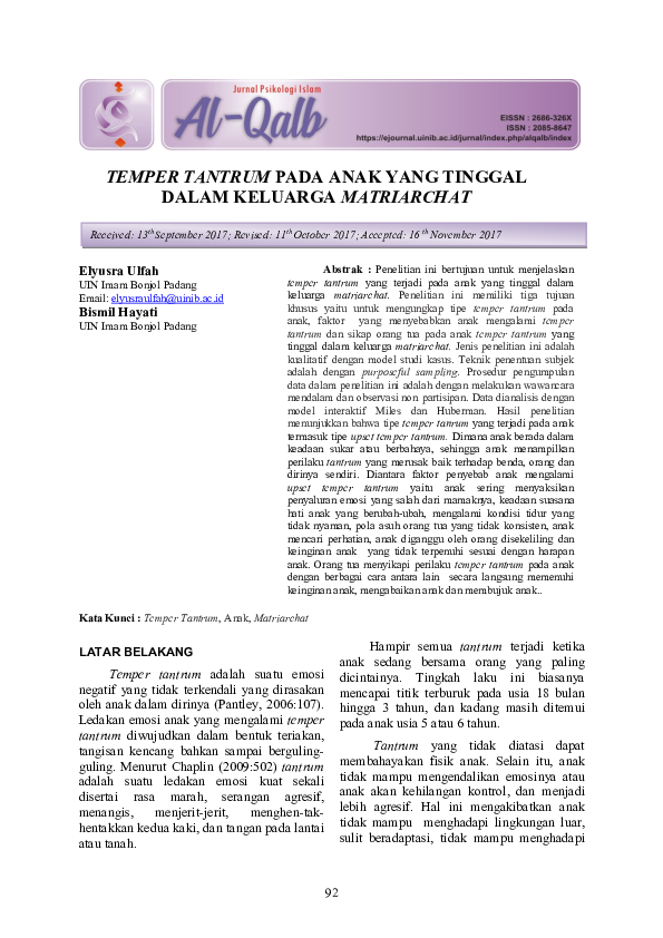 (PDF) Temper Tantrum Pada Anak Yang Tinggal Dalam Keluarga Matriarchat