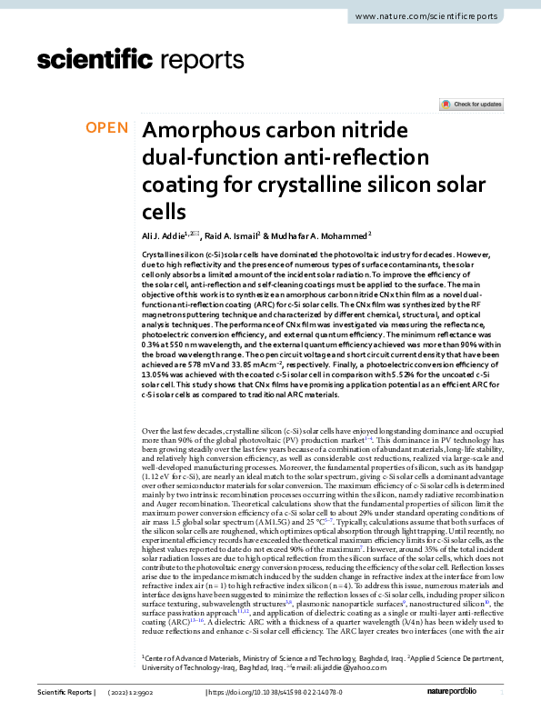 (PDF) Amorphous carbon nitride dual-function anti-reflection coating for crystalline silicon ...