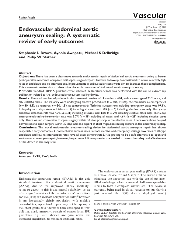 Pdf Endovascular Abdominal Aortic Aneurysm Sealing A Systematic