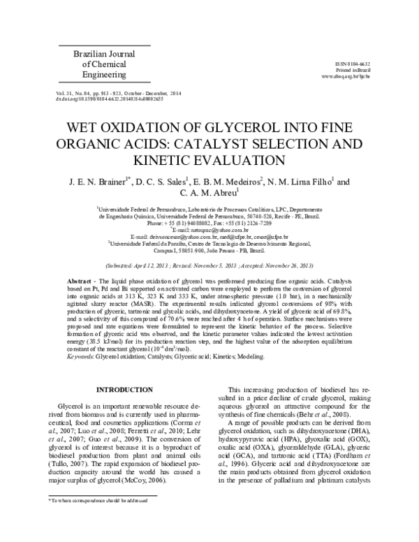 (PDF) Wet oxidation of glycerol into fine organic acids: catalyst selection and kinetic evaluation