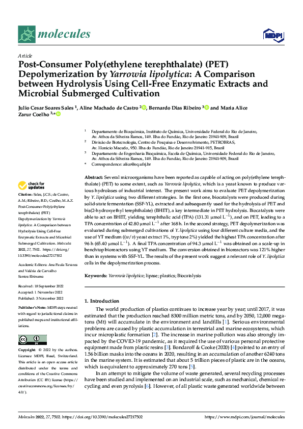 (PDF) Post-Consumer Poly(ethylene terephthalate) (PET) Depolymerization by Yarrowia lipolytica ...